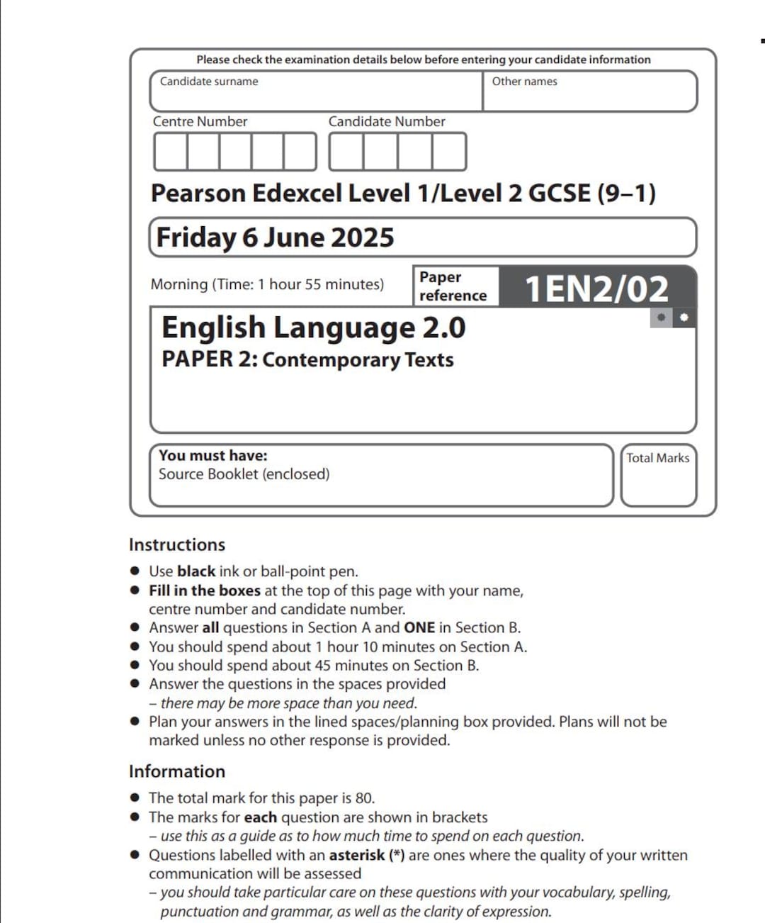 2025 Pearson Edexcel GCSE English Language Paper 2 + Mark Scheme 1en2 ...