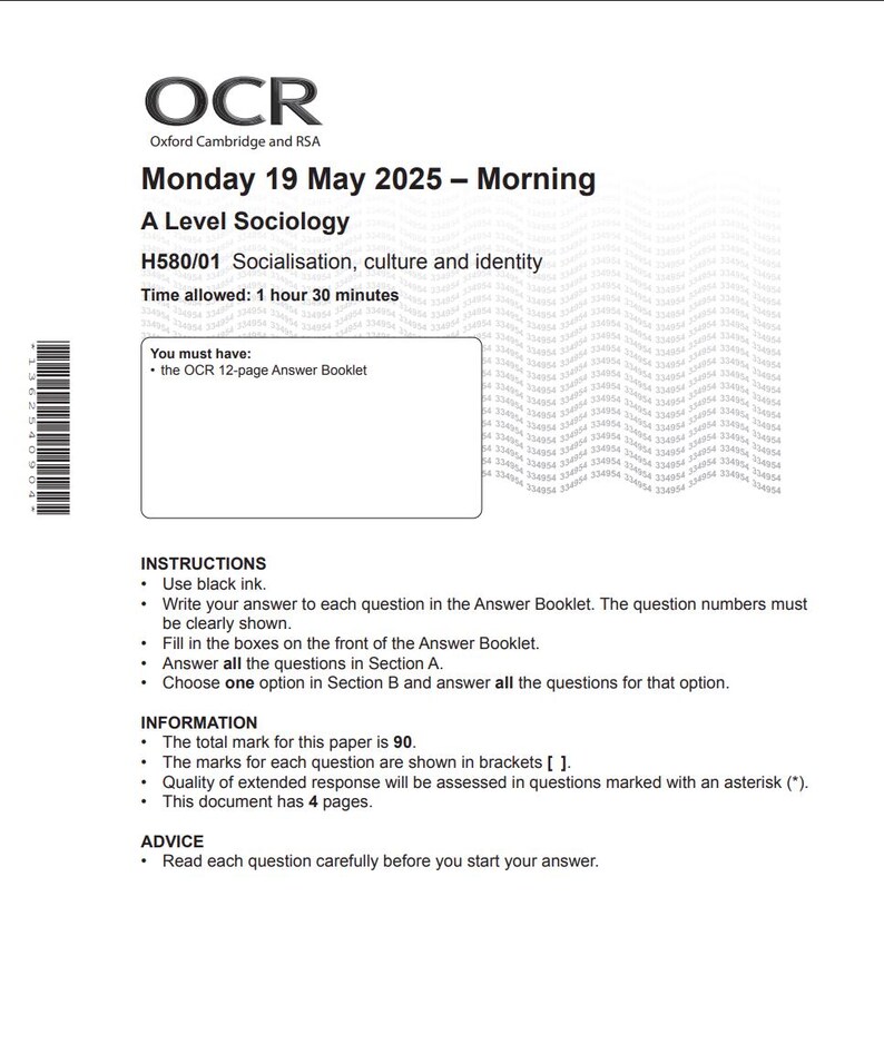 Buy 2025 OCR A Level Sociology Paper 1 + Mark Scheme Socialization ...