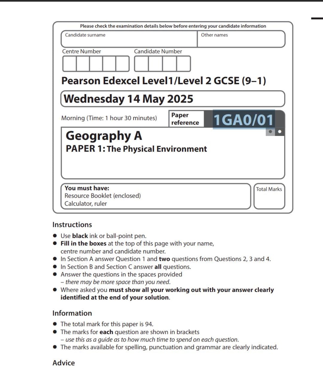 2025 Pearson Edexcel GCSE Geography a Paper 1 + Mark Scheme 1ga0 01 ...