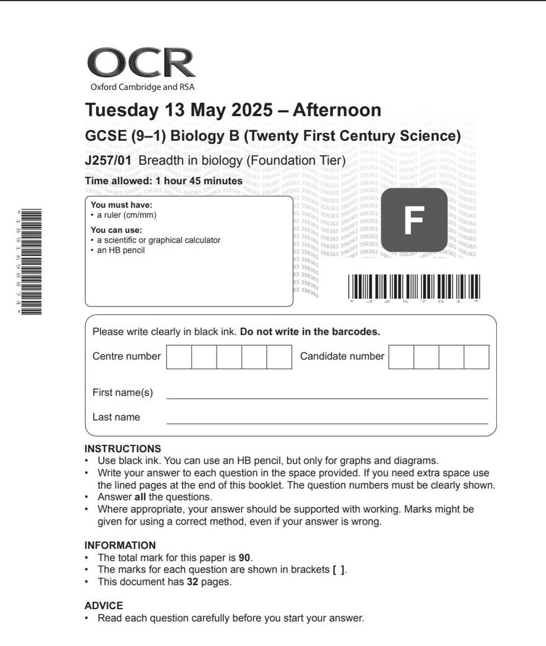 2025 OCR GCSE Biology B Paper 1 and Mark Scheme Foundation Tier Breadth ...