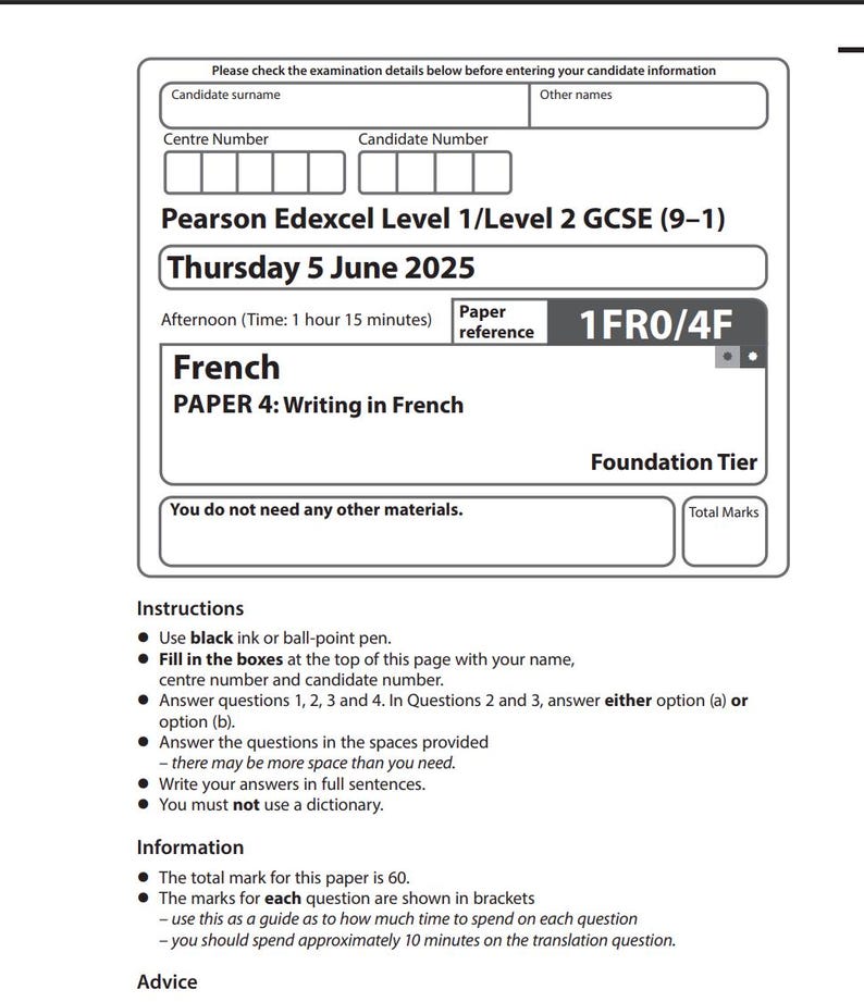 2025 Pearson Edexcel GCSE French Foundation Tier Paper 4 + Mark Scheme ...