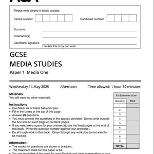 2025 AQA GCSE Media Studies Paper 1 and Mark Scheme 8572-1 Media One - Etsy