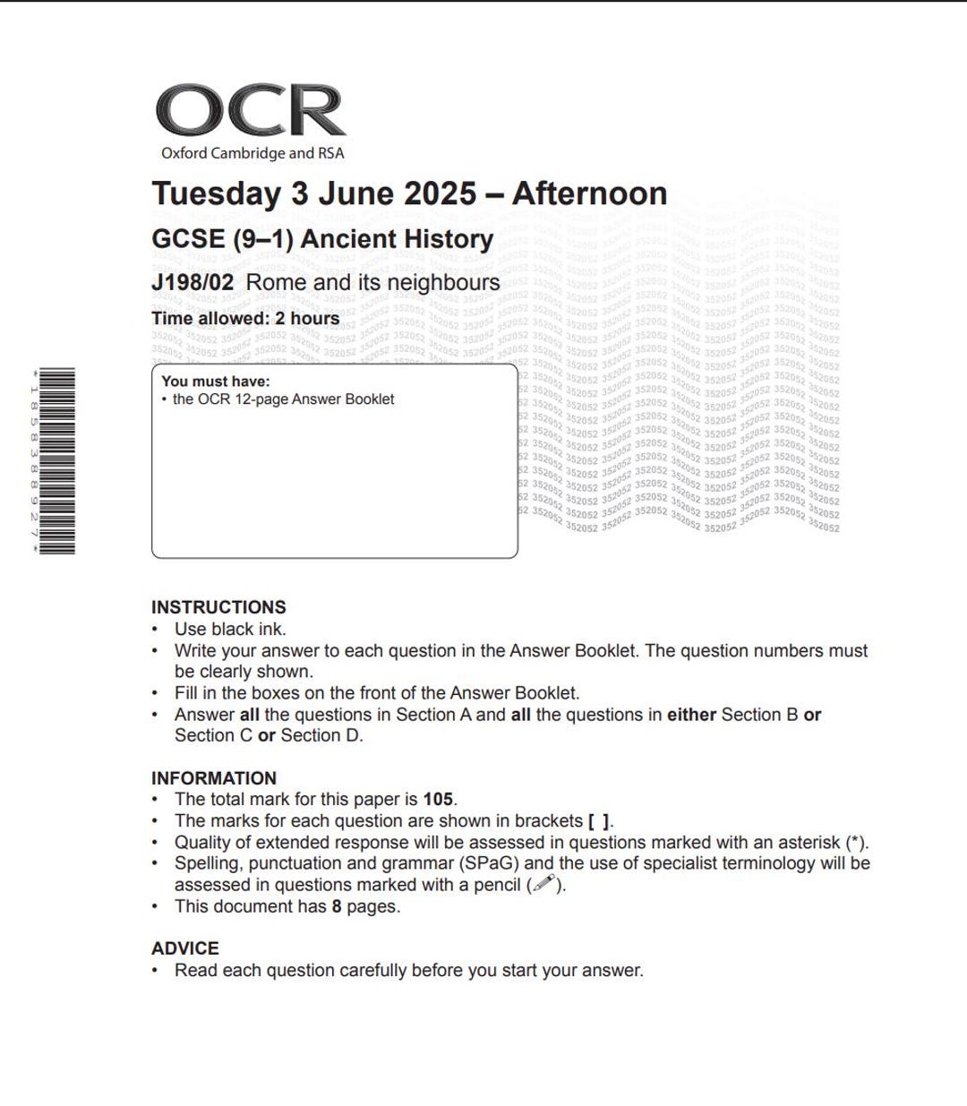2025 OCR GCSE Ancient History Paper 2 and Mark Scheme Rome and Its ...