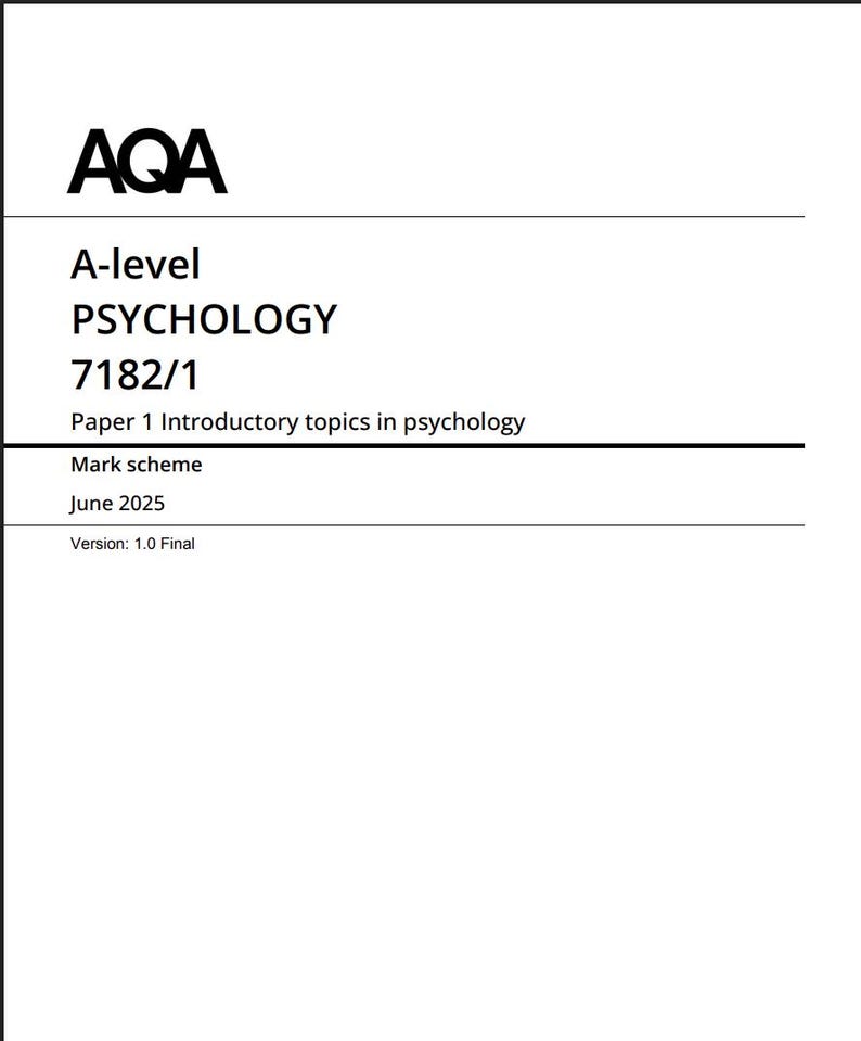 2025 AQA A Level Psychology Paper 1 and Mark Scheme Introductory Topics ...