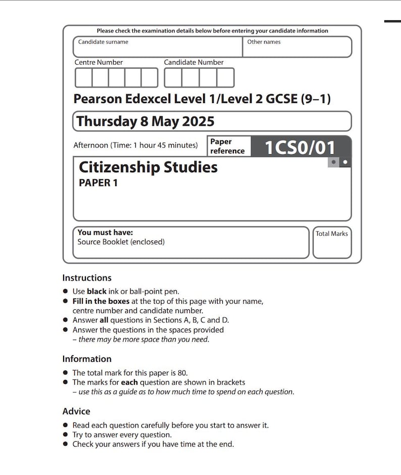2025 Pearson Edexcel GCSE Citizenship Studies Paper 1 + Mark Scheme ...
