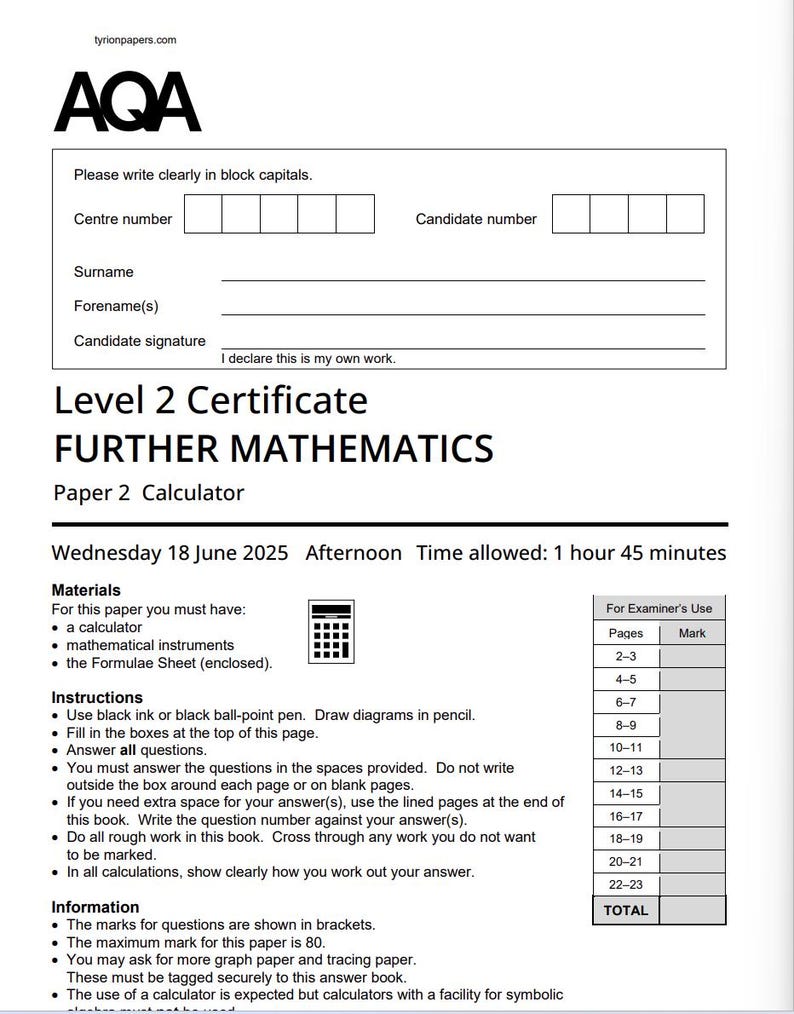 2025 AQA GCSE Further Mathematics Paper 2 and Mark Scheme Calculator ...