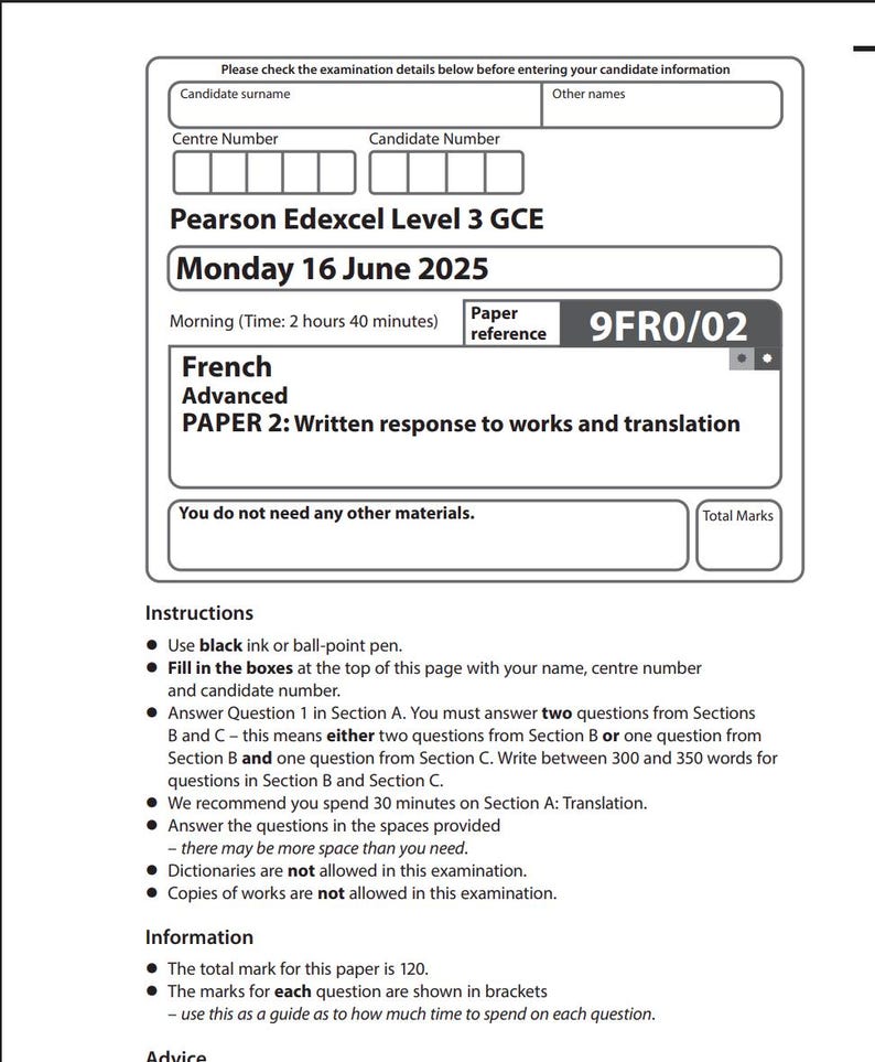 2025 Pearson Edexcel A Level French Paper 2 + Mark Scheme Written ...