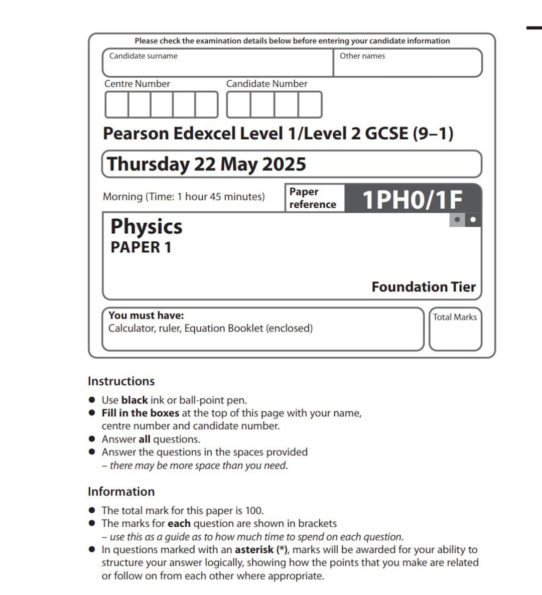 2025 Pearson Edexcel GCSE Triple Science Physics Paper 1 + Mark Scheme ...