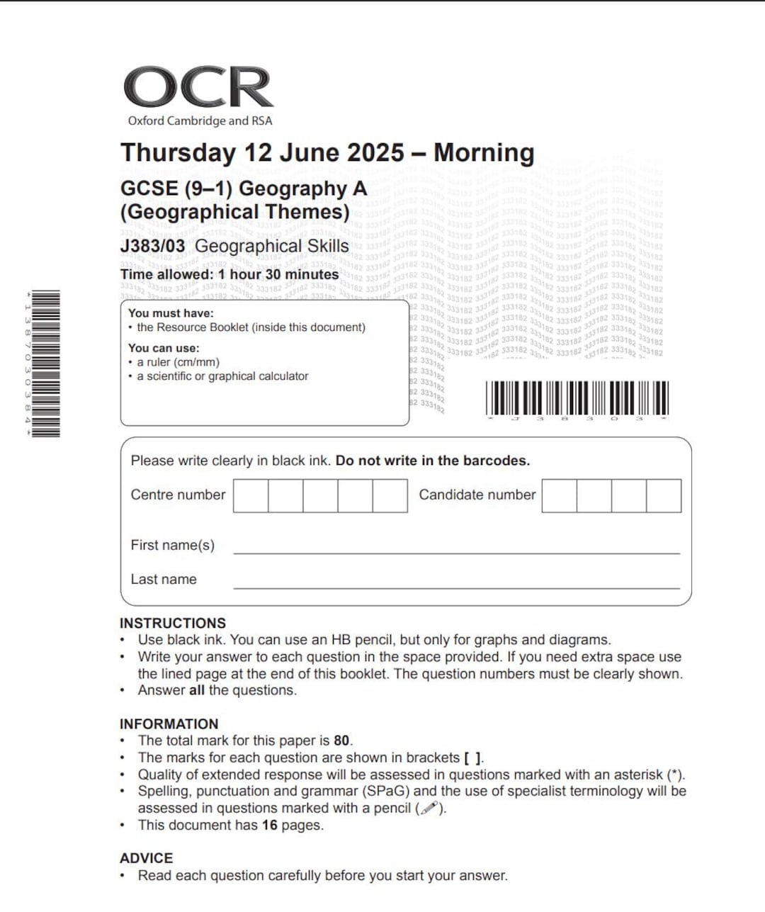 2025 OCR GCSE Geography A Paper 3 and Mark Scheme Geographical Skills ...