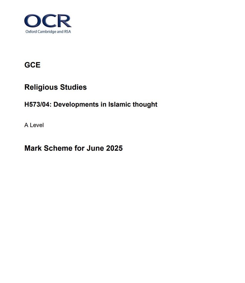 2025 OCR A Level Religious Studies Paper 4 + Mark Scheme Entwicklung im ...