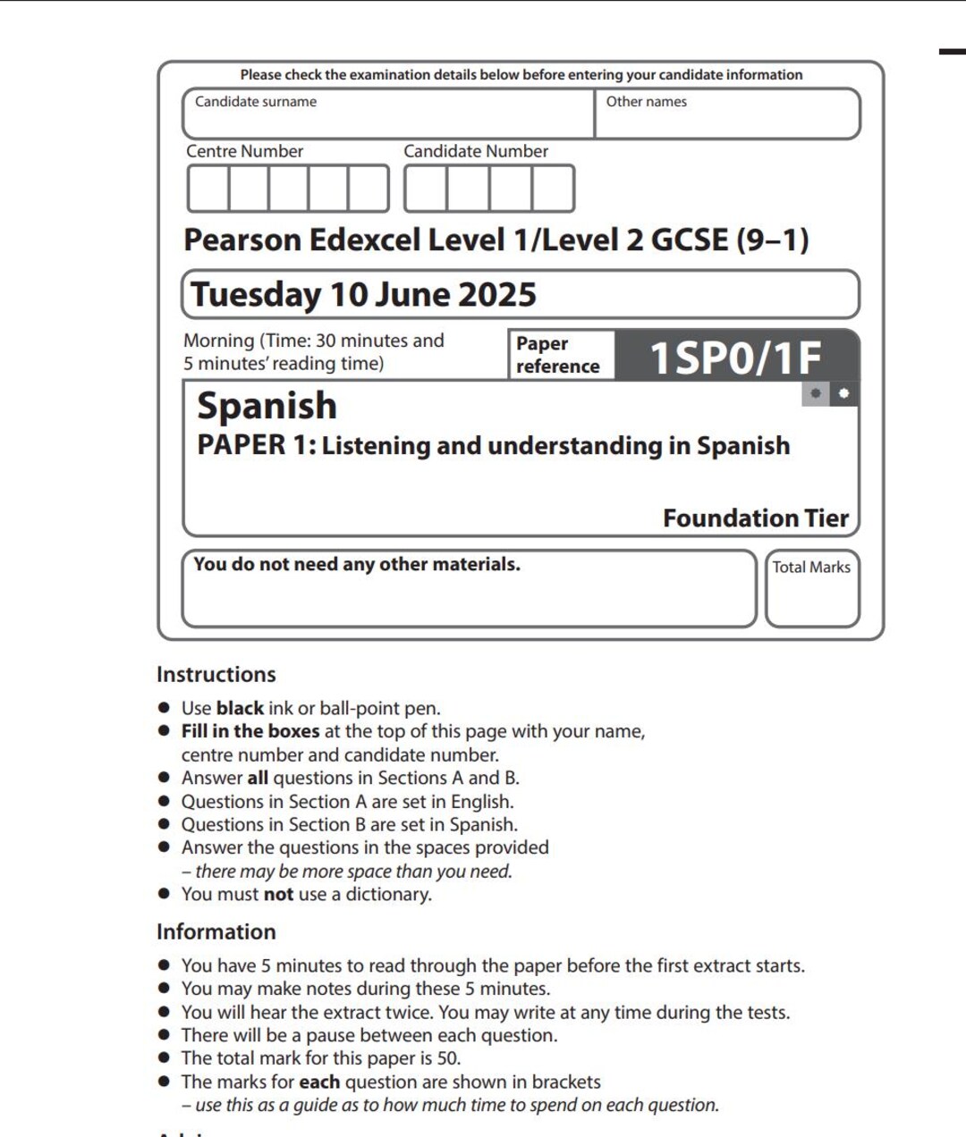 2025 Pearson Edexcel GCSE Spanish PAPER 1MARK SCHEME 1SP0 1F - Etsy