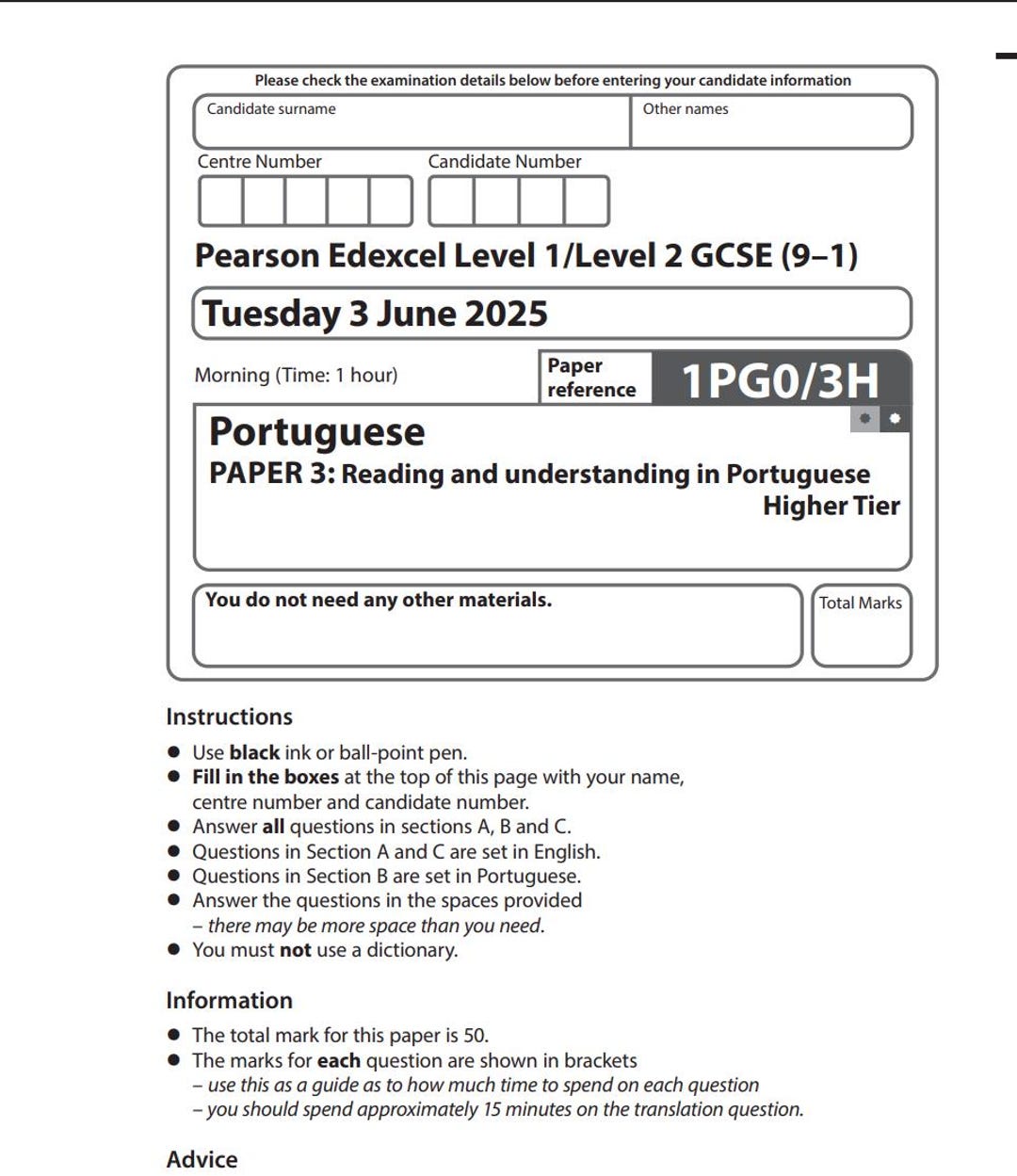2025 Pearson Edexcel GCSE Portugiese Higher Tier Paper 3 + Mark Scheme ...