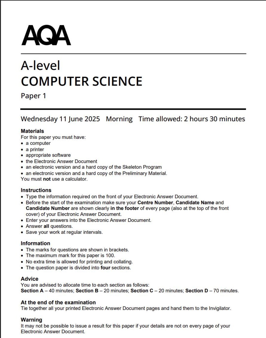 2025 AQA A Level Computer Science Paper 1 and Mark Scheme 7517 1 - Etsy UK