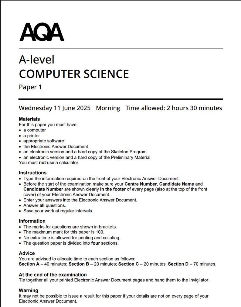 2025 AQA A Level Computer Science Paper 1 and Mark Scheme 7517 1 - Etsy UK