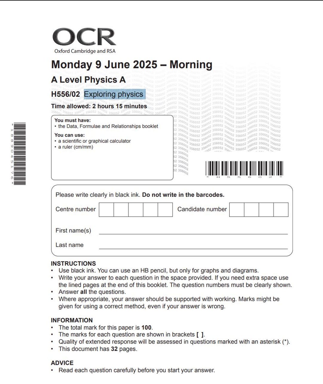 2025 OCR A Level Physics a Paper 2 + Mark Scheme Exploring Physics H556 ...