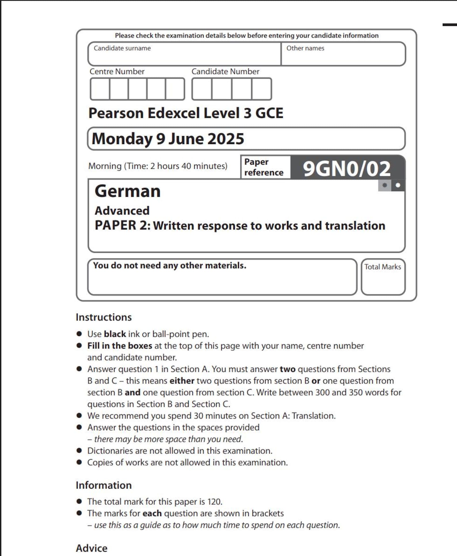 2025 Pearson Edexcel A Level German Paper 2 + Mark Scheme Written ...