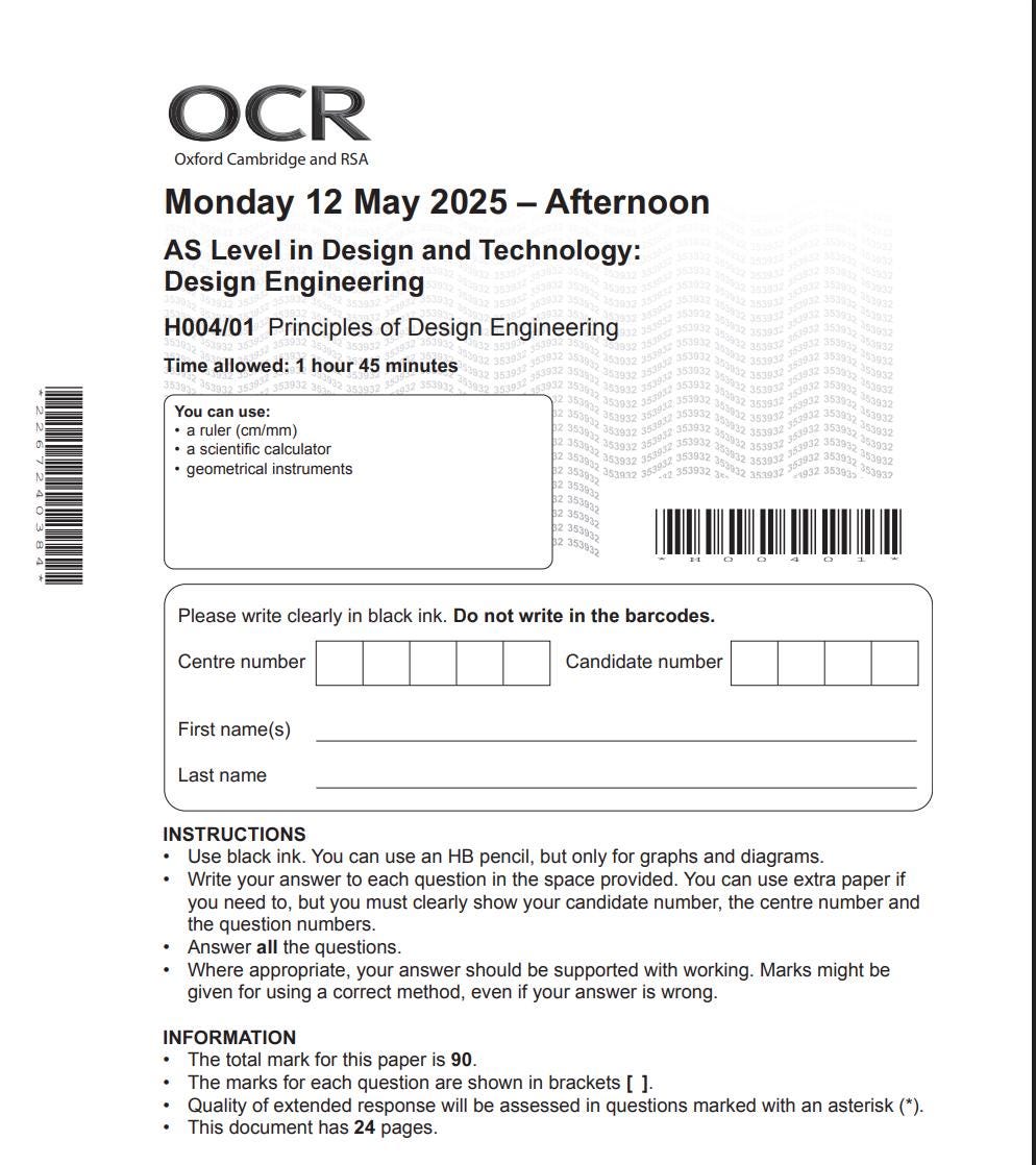 2025 OCR AS Level in Design and Technology Paper 1 and Mark Scheme ...