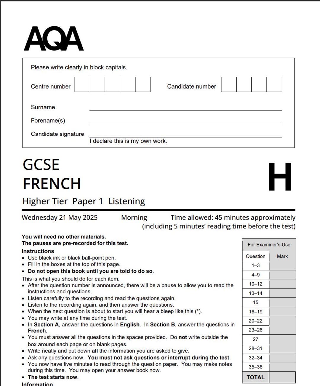 2025 AQA GCSE French Paper 1 Higher Tier and Mark Scheme Listening 8658 ...