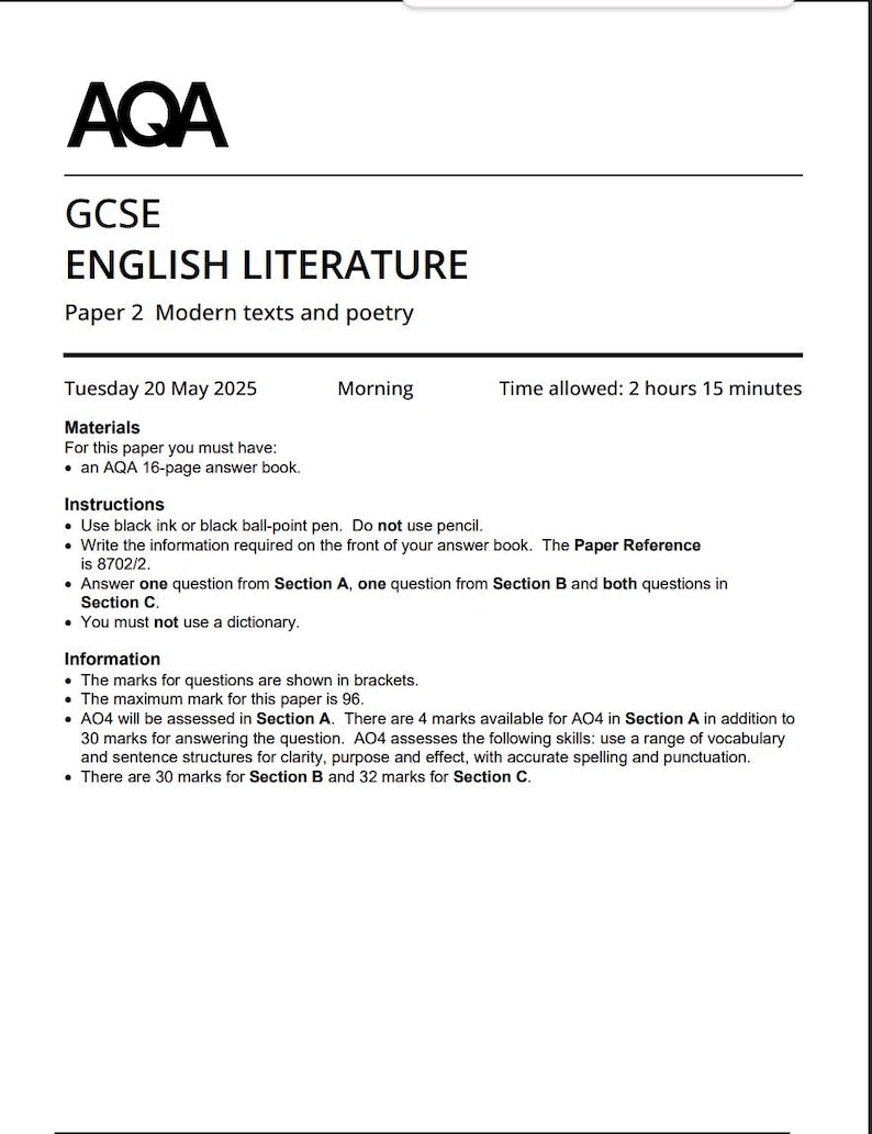 2025 AQA GCSE English Literature Paper 2 and Mark Scheme 8702/2 Modern ...