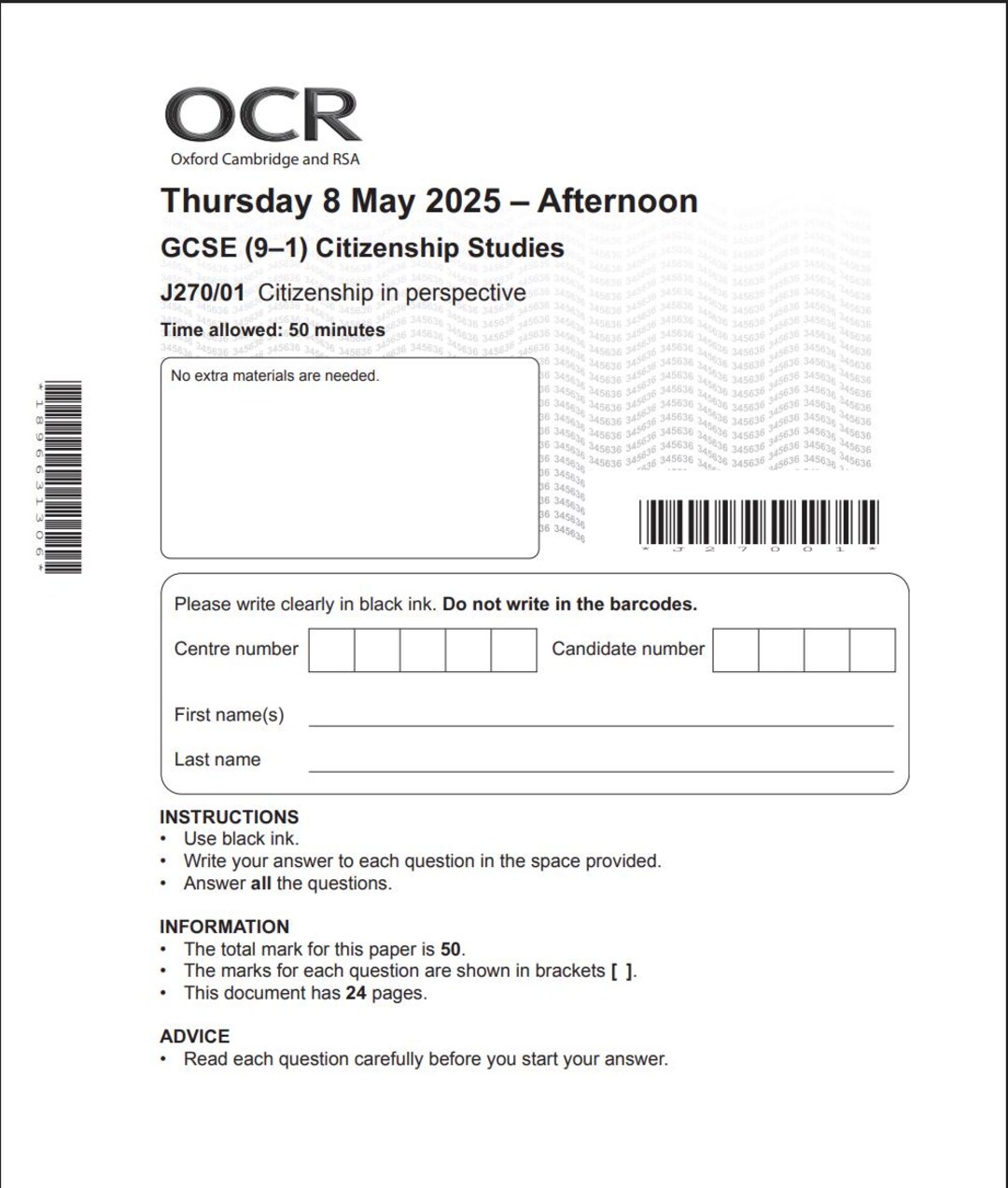 2025 OCR GCSE Citizenship Studies Paper 1 and Mark Scheme (citizenship ...