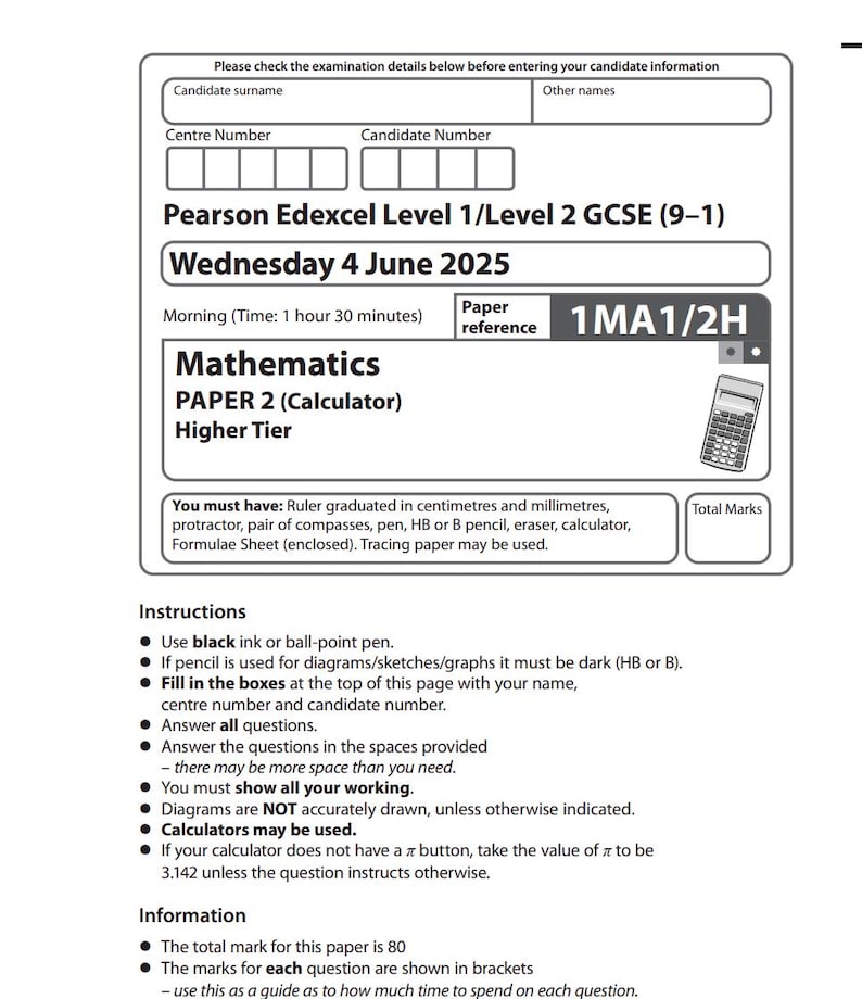2025 Pearson Edexcel GCSE Mathematics Higher Tier P + MARK SCHEME 1MA1 ...