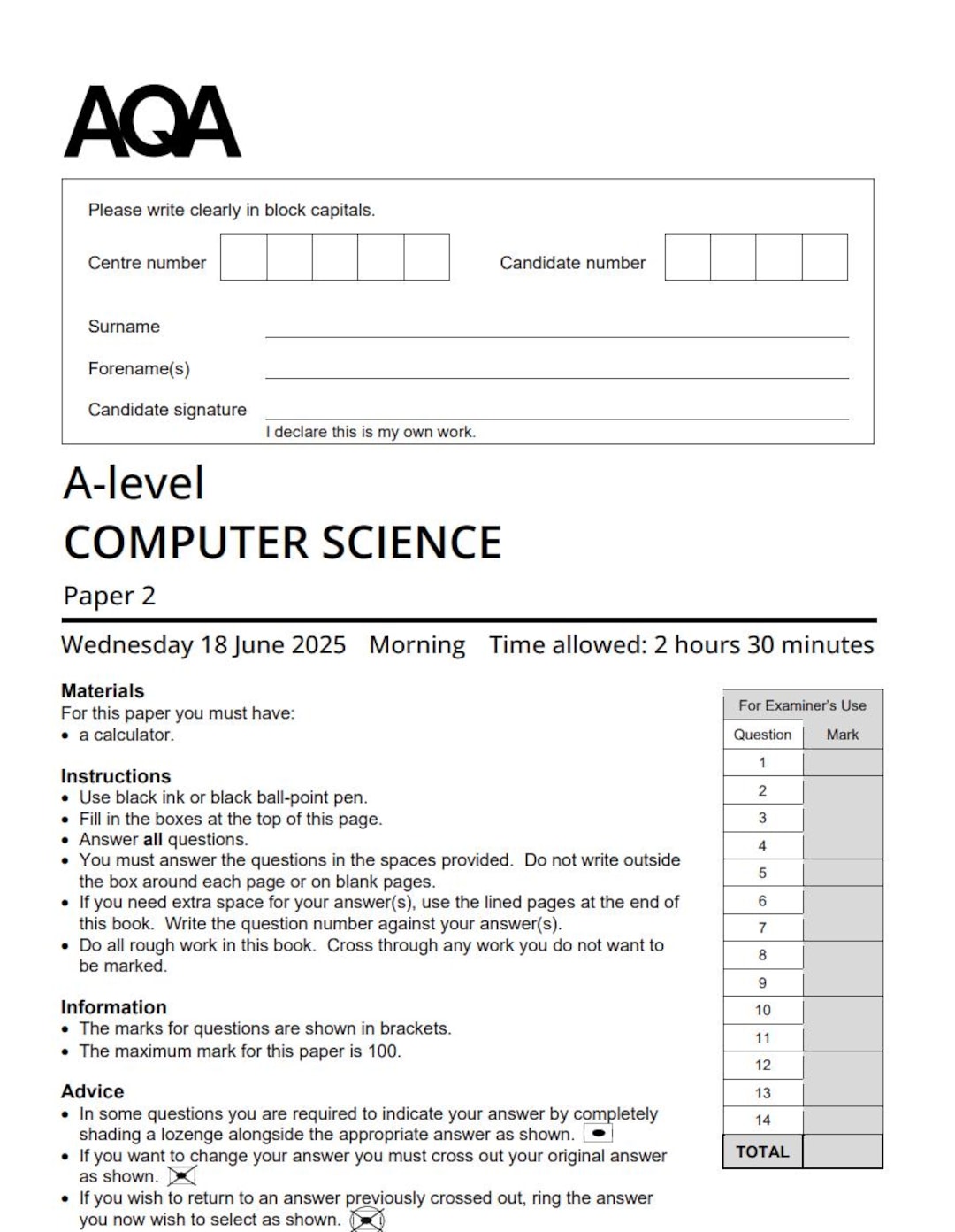 2025 AQA A Level Computer Science Paper 2 and Mark Scheme 7517 2 - Etsy