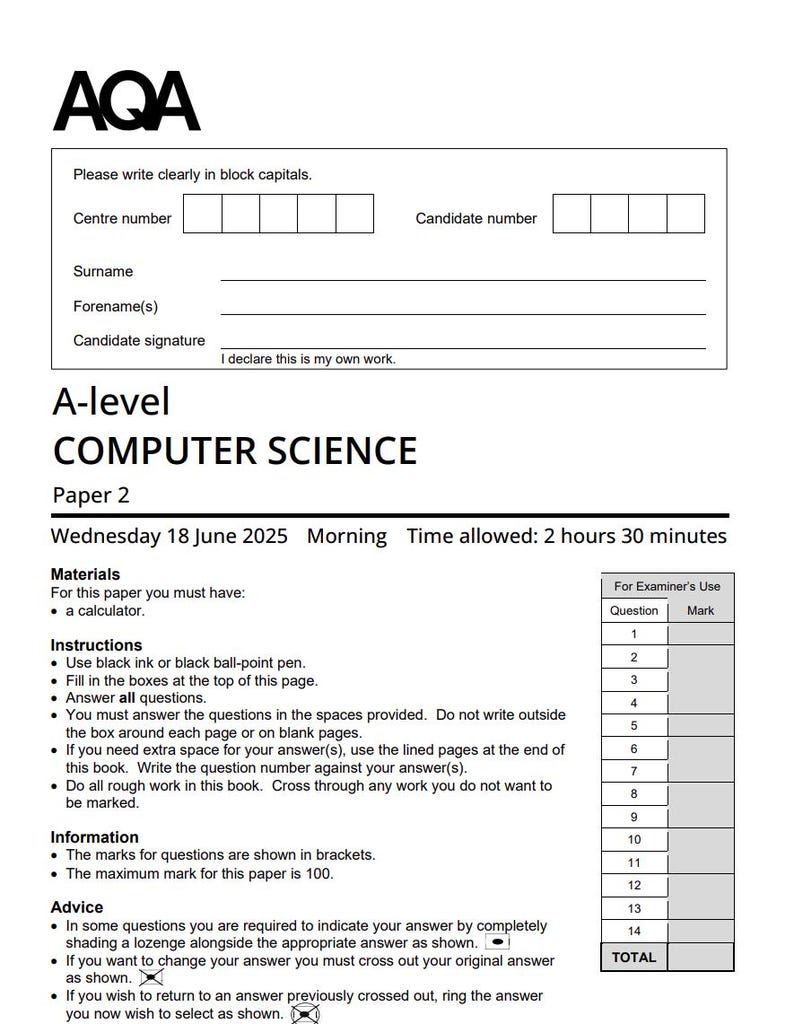 2025 AQA A Level Computer Science Paper 2 and Mark Scheme 7517 2 - Etsy