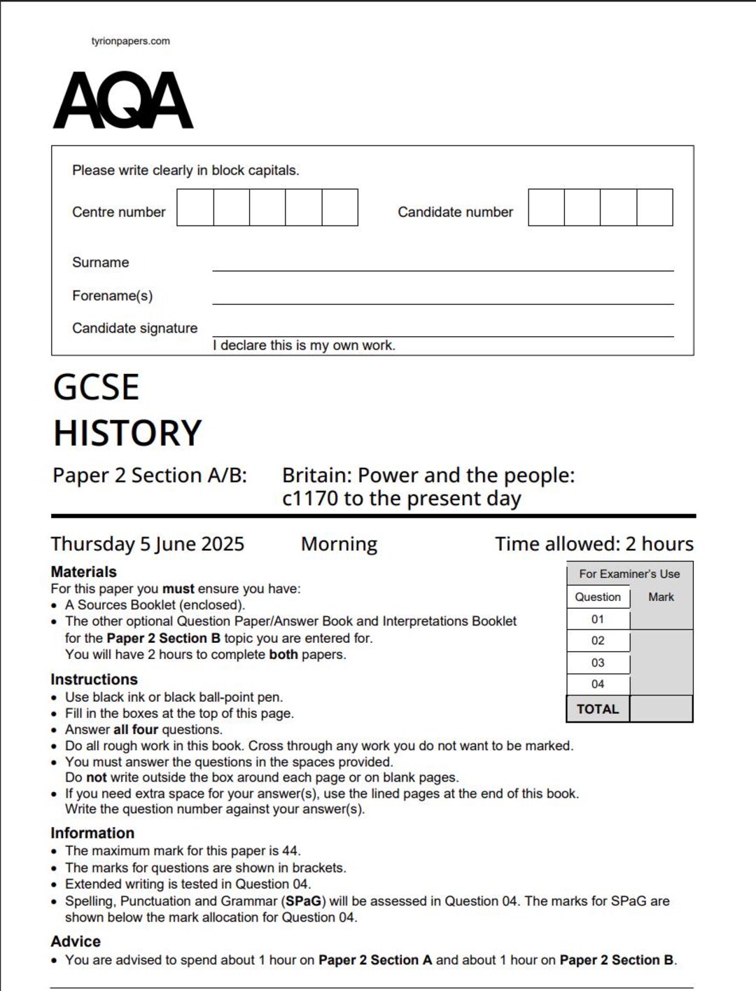 2025 AQA GCSE History Paper 2 and Mark Scheme 8145 2a B Paper 2 Britain ...