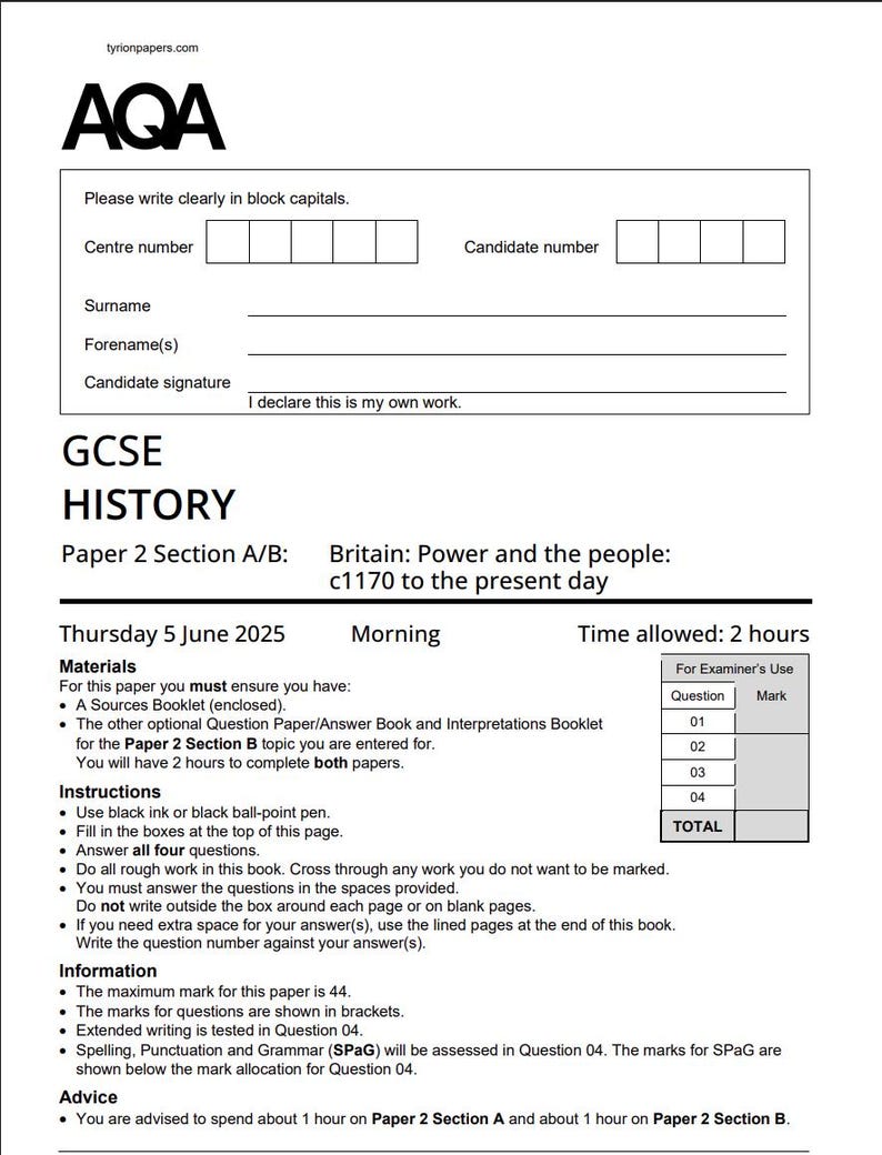 2025 AQA GCSE History Paper 2 and Mark Scheme 8145 2a B Paper 2 Britain ...