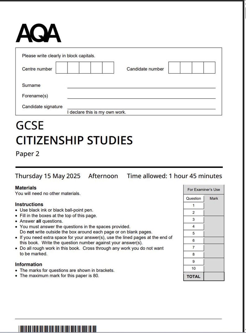2025 AQA GCSE Citizenship Studies Paper 2 and Mark Scheme 8100 2 - Etsy