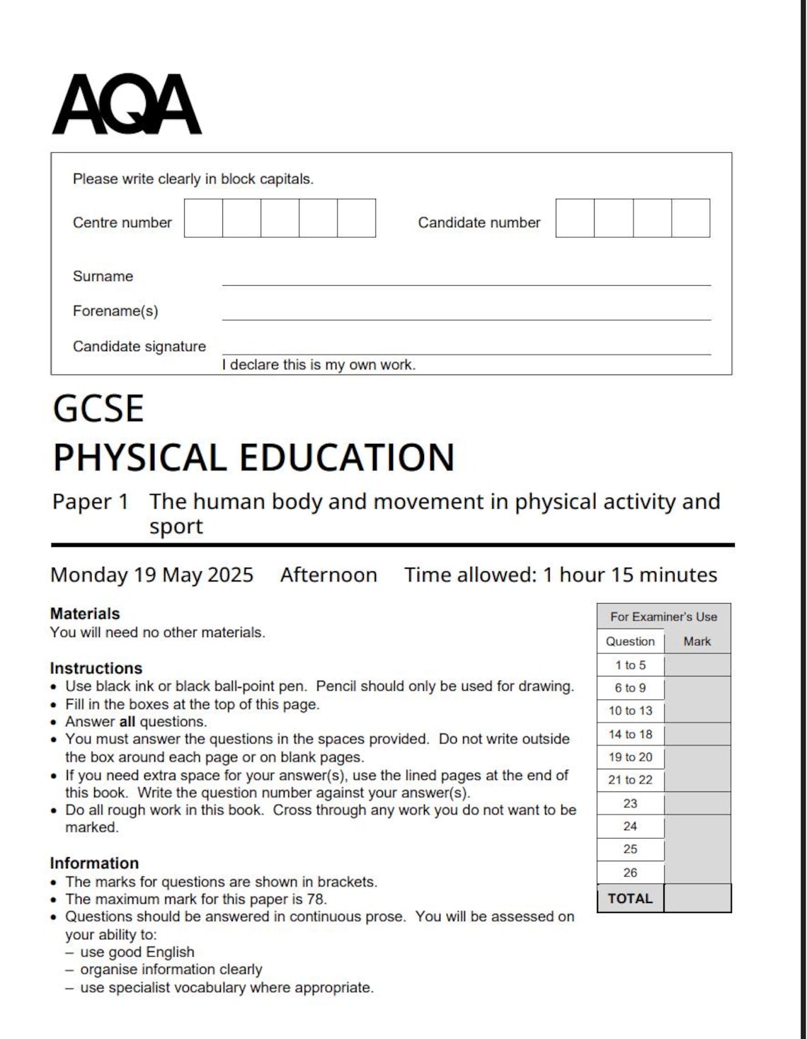 2025 AQA GCSE Physical Education Paper 1 and Mark Scheme the Human Body ...