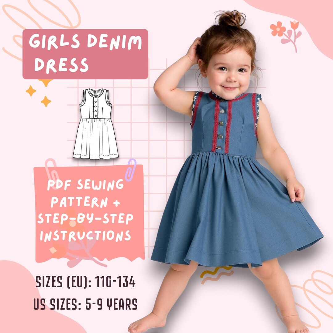 Girls Denim Dress Sewing Pattern | EUR 110-134 (PDF Pattern) - Etsy