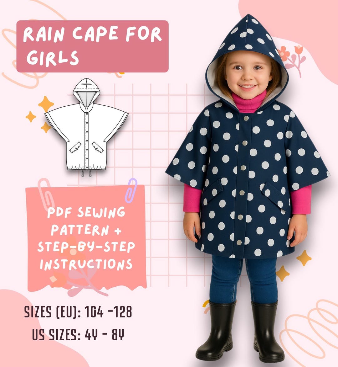 Girls Rain Cape Sewing Pattern: Hooded Kids Raincoat (PDF Download) - Etsy