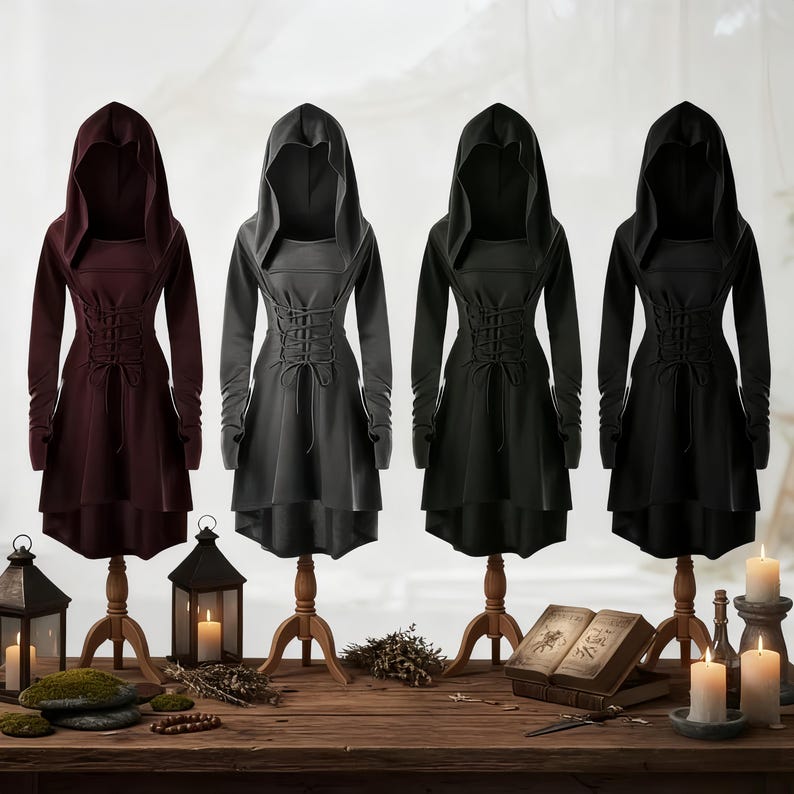 Gothic Black Hooded Dress With Corset Detail - Vintage Inspired for ...