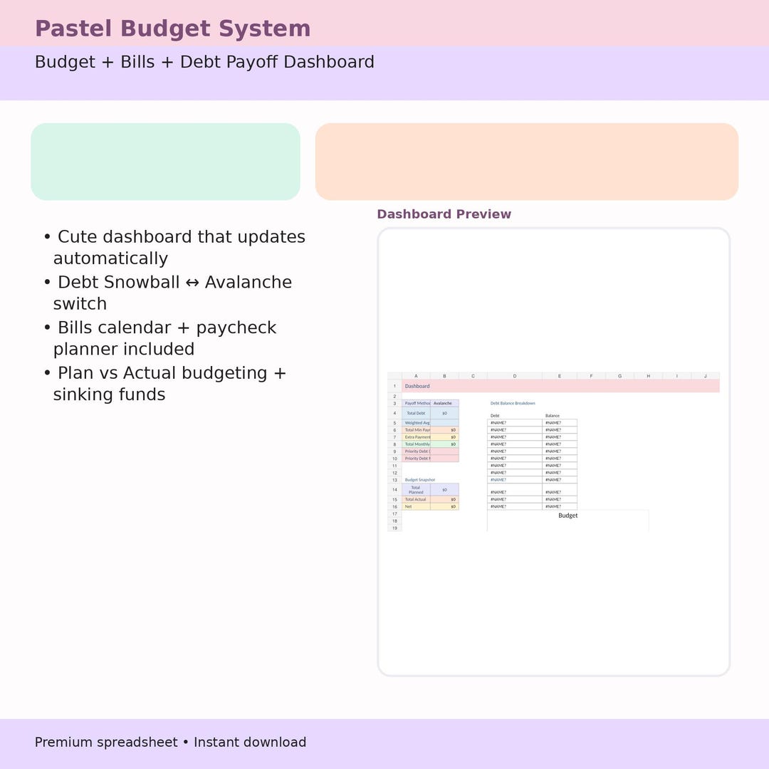Pastel Budget Spreadsheet | Debt Snowball & Avalanche | Paycheck ...