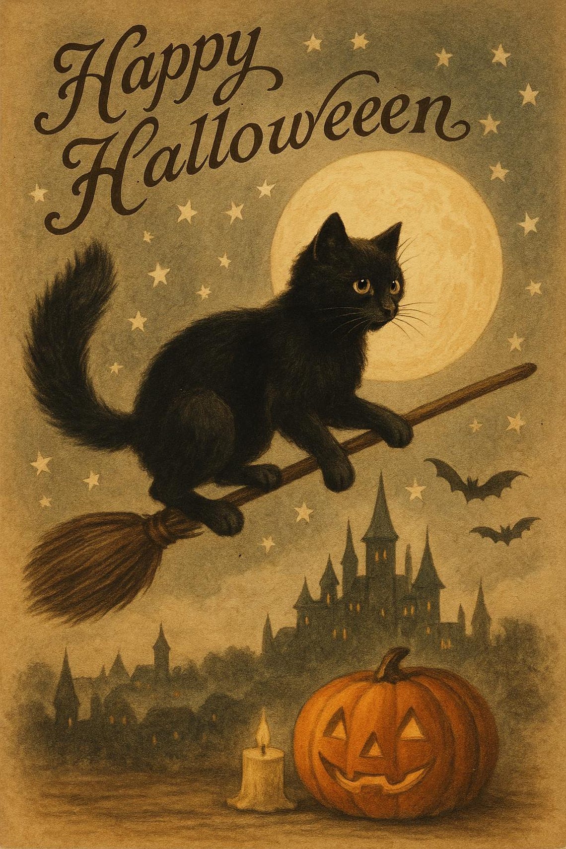 Halloween Greeting Card | Cute Cartoon Cat & Pumpkin | Printable ...