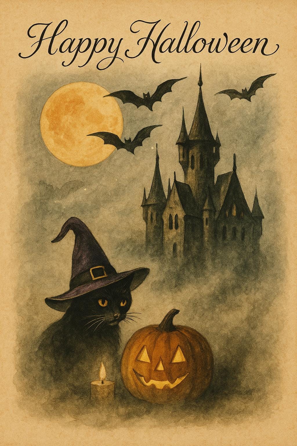 Halloween Greeting Card | Cute Cartoon Cat & Pumpkin | Printable ...