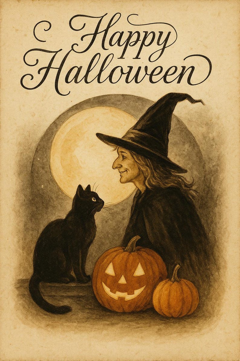 Halloween Greeting Card | Cute Cartoon Cat & Pumpkin | Printable ...