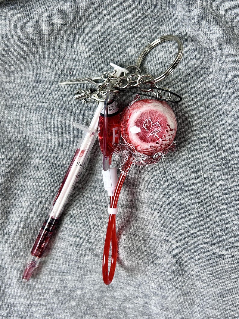 Handmade Resin Eyeball Keychain – Horror Blood Bag and Syringe Keyring ...