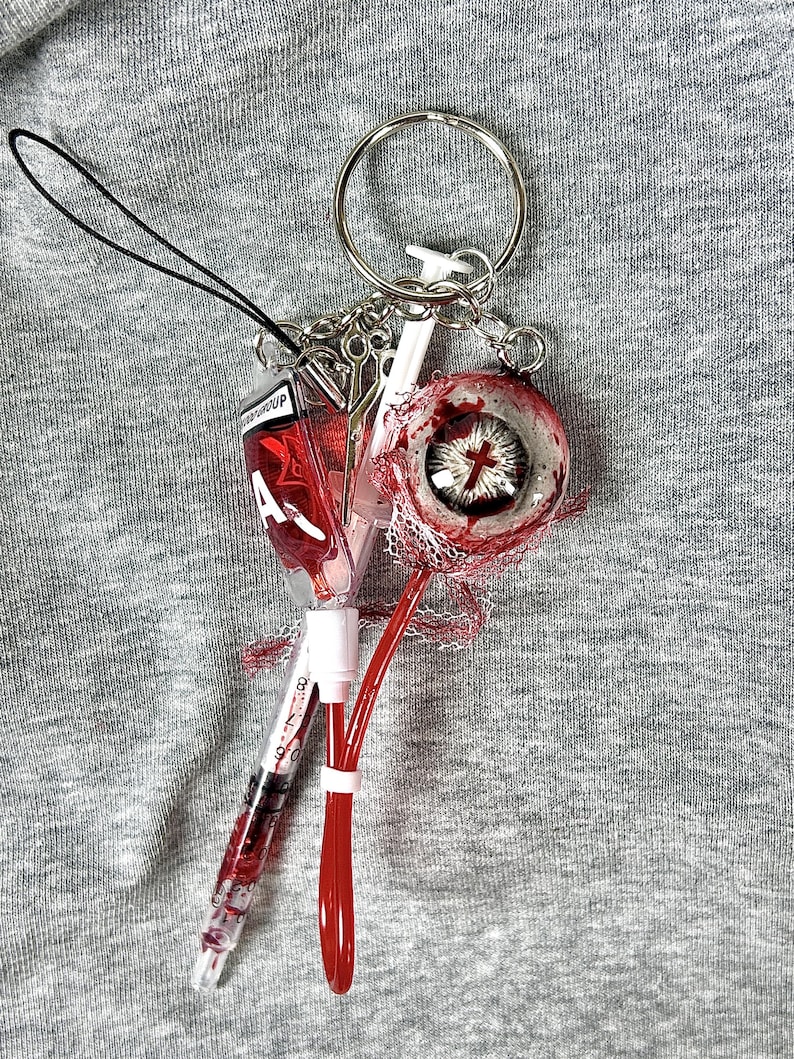 Handmade Resin Eyeball Keychain – Horror Blood Bag and Syringe Keyring ...