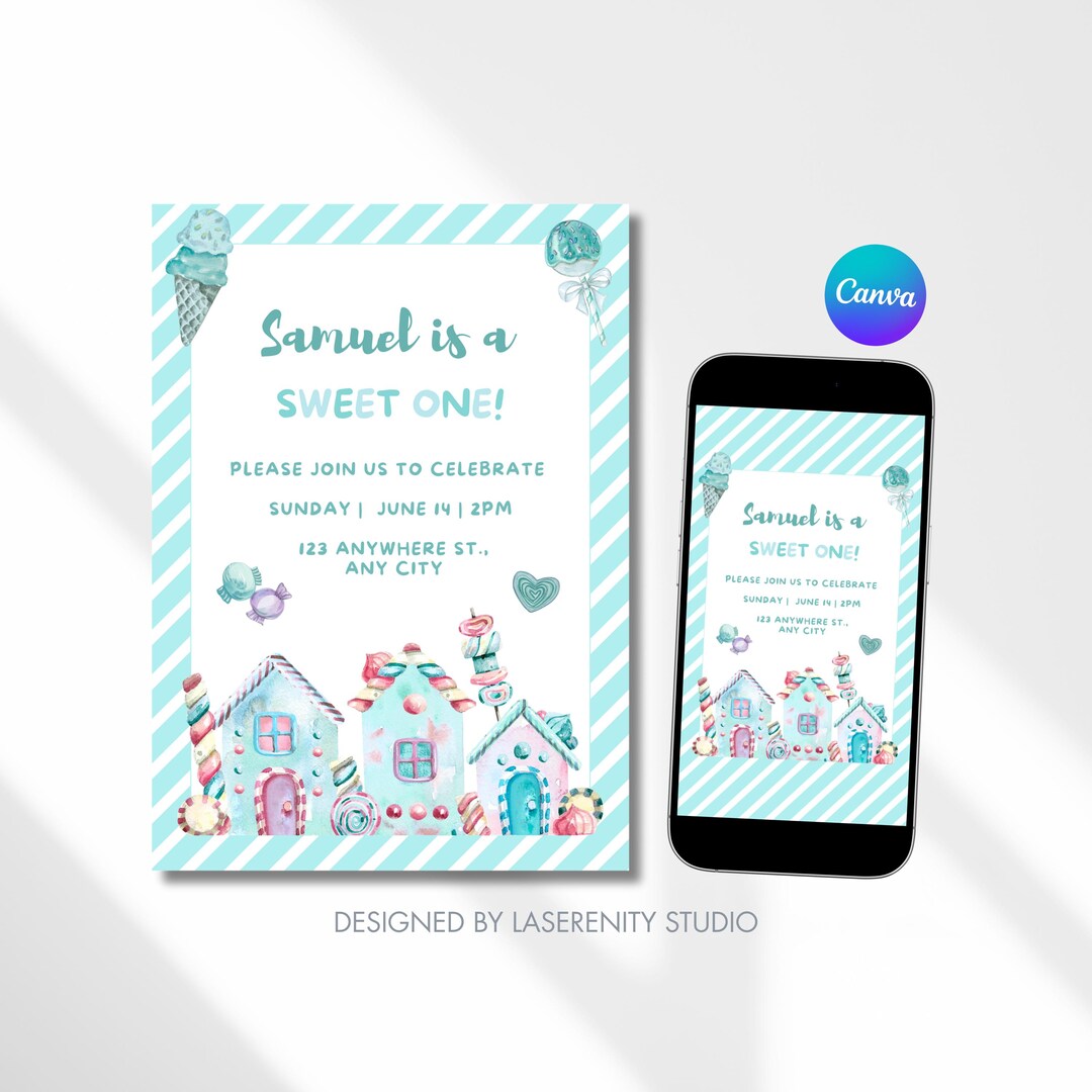 Editable Blue Candyland Theme Sweet One Birthday Invitation | Digital ...