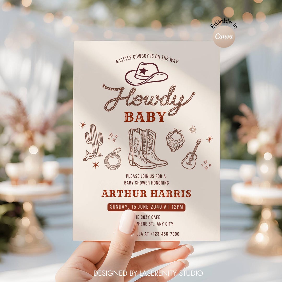 Editable Howdy Baby Cowboy Baby Shower Invitation | Canva Template ...