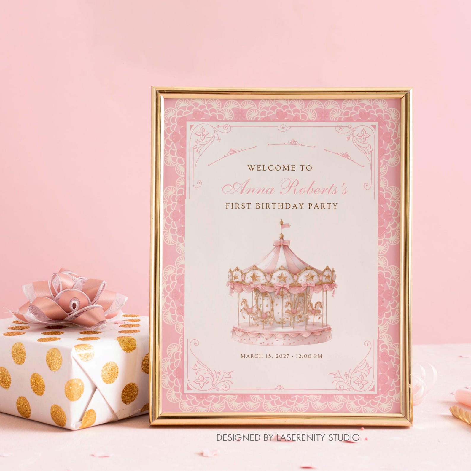 Editable Pink Carousel First Birthday Welcome Sign | Digital Version ...