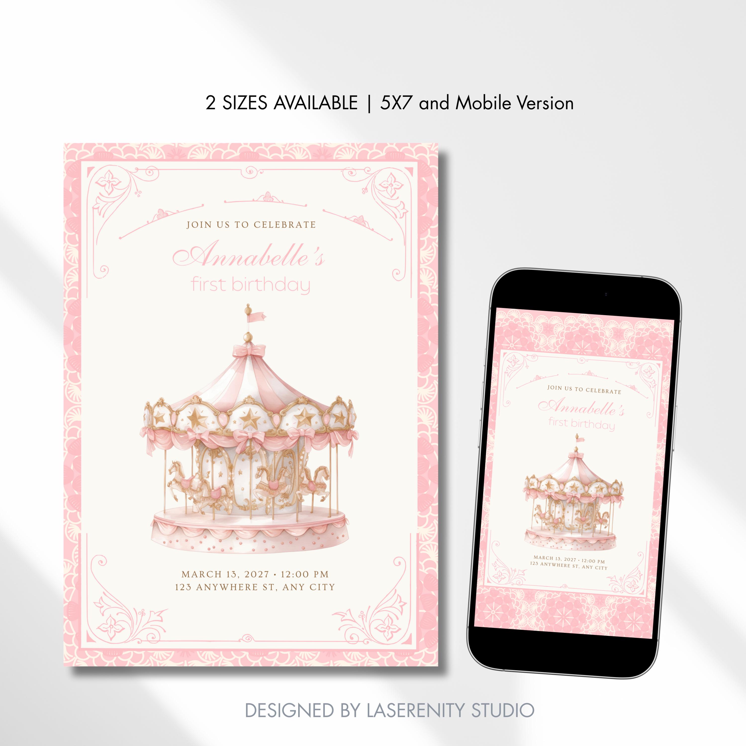 Editable Pink Carousel First Birthday Invitation | Digital Version ...