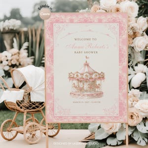 Editable Pink Carousel Baby Shower Welcome Sign | Digital Version ...