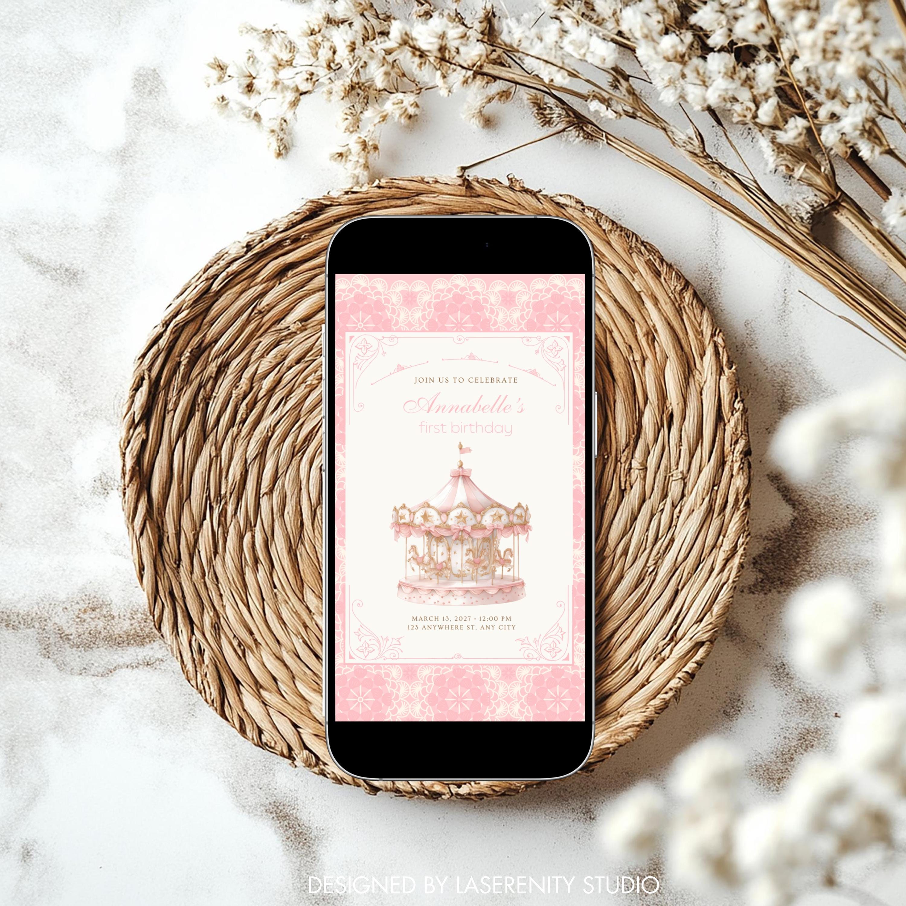 Editable Pink Carousel First Birthday Invitation | Digital Version ...