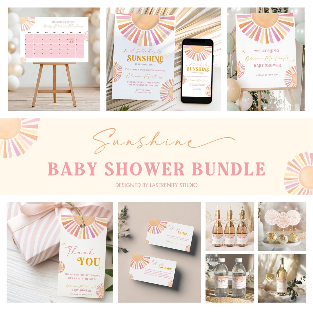 Editable A Little Ray of Sunshine Baby Shower Bundle | Canva Template ...