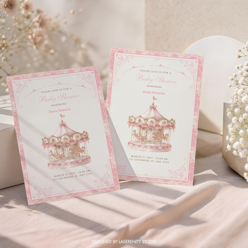 Editable Pink Carousel Baby Shower Bundle | Canva Template | Instant ...