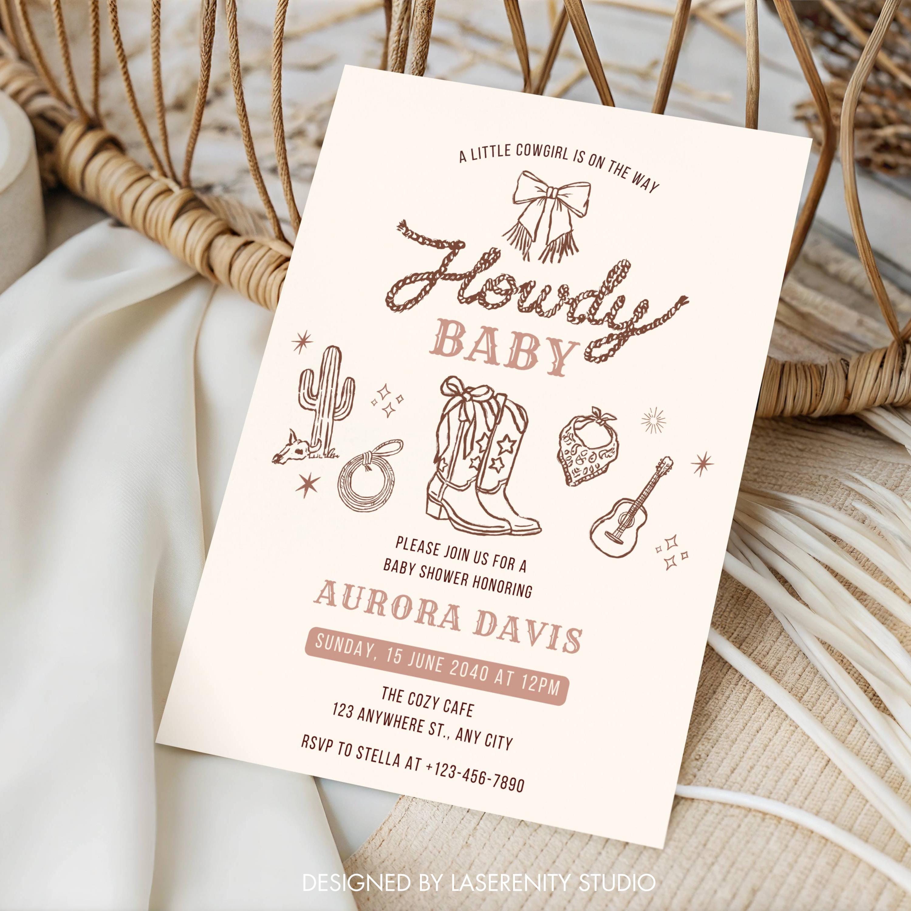Editable Howdy Baby Cowgirl Baby Shower Invitation | Canva Template ...