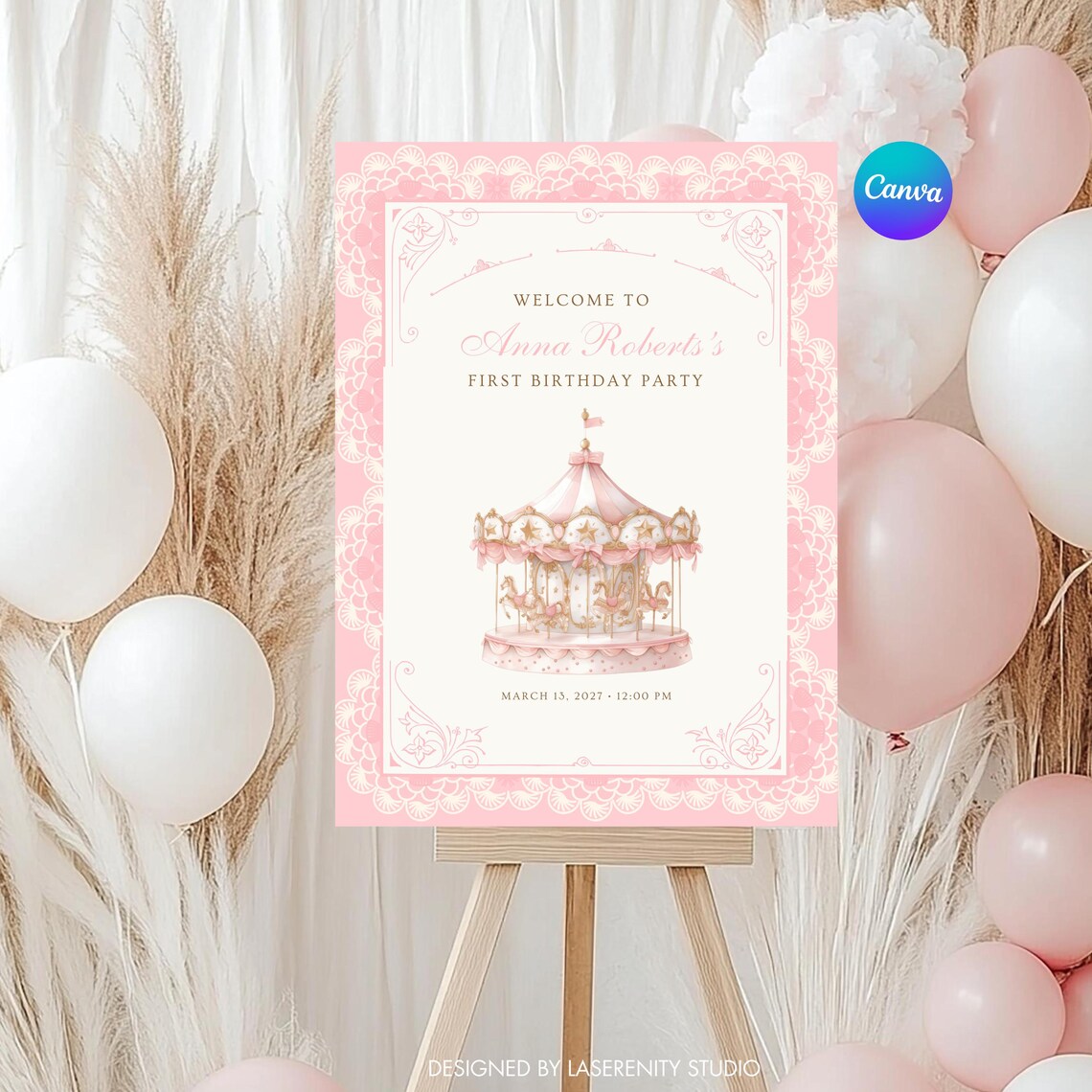 Editable Pink Carousel First Birthday Welcome Sign | Digital Version ...
